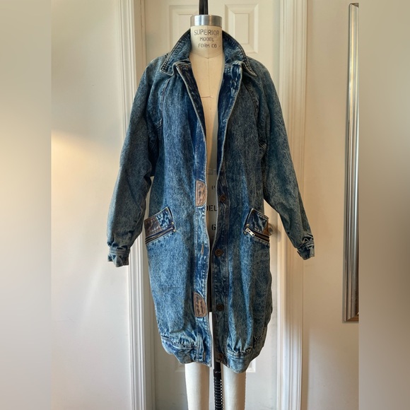 Jackets & Coats | Vintage Long Jean Jacket With Leather Details And ...